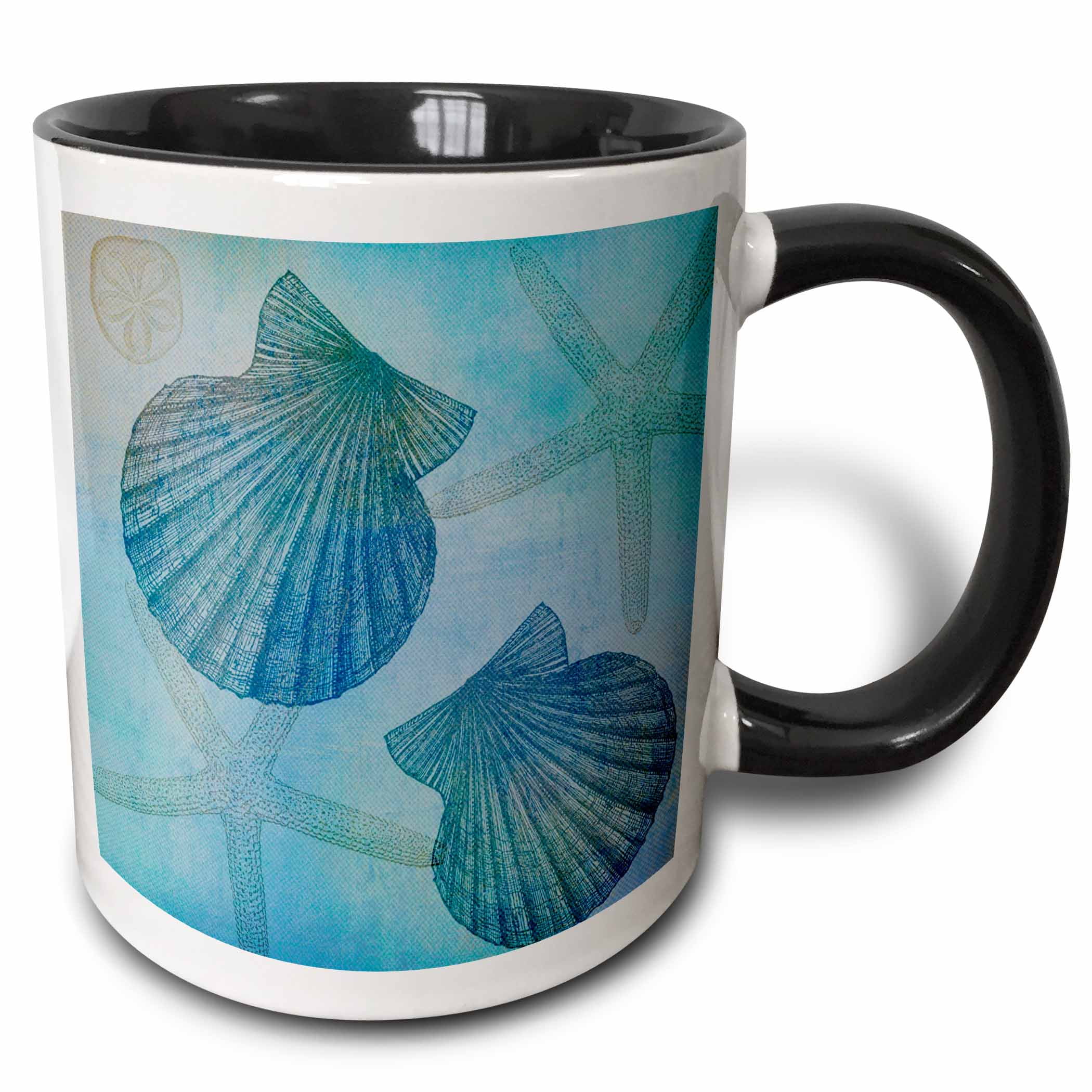 3drose, Aqua Shells and Starfish Beach Themed Art, 15oz Two-tone Black ...
