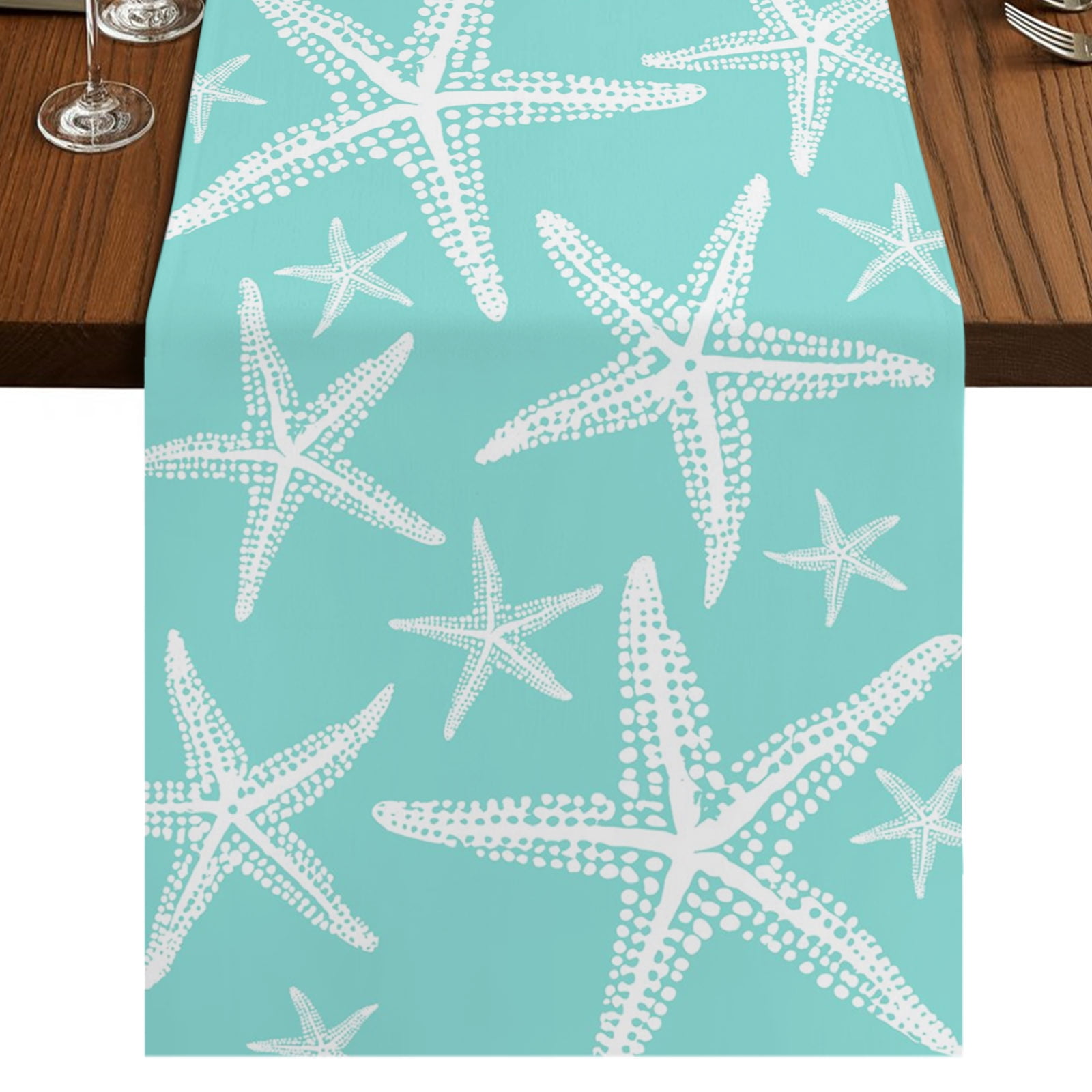 Aqua Starfish Burlap Cotton Table Runner 13x90 Inches Long, Summer ...