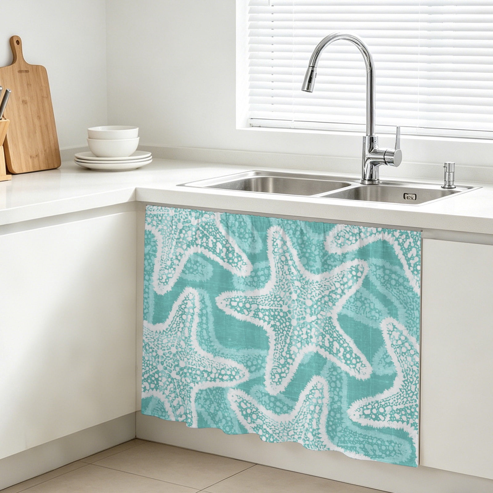 Aqua Starfish Cabinet Curtains for Kitchen 11"W x 13"L, Coastal Summer ...