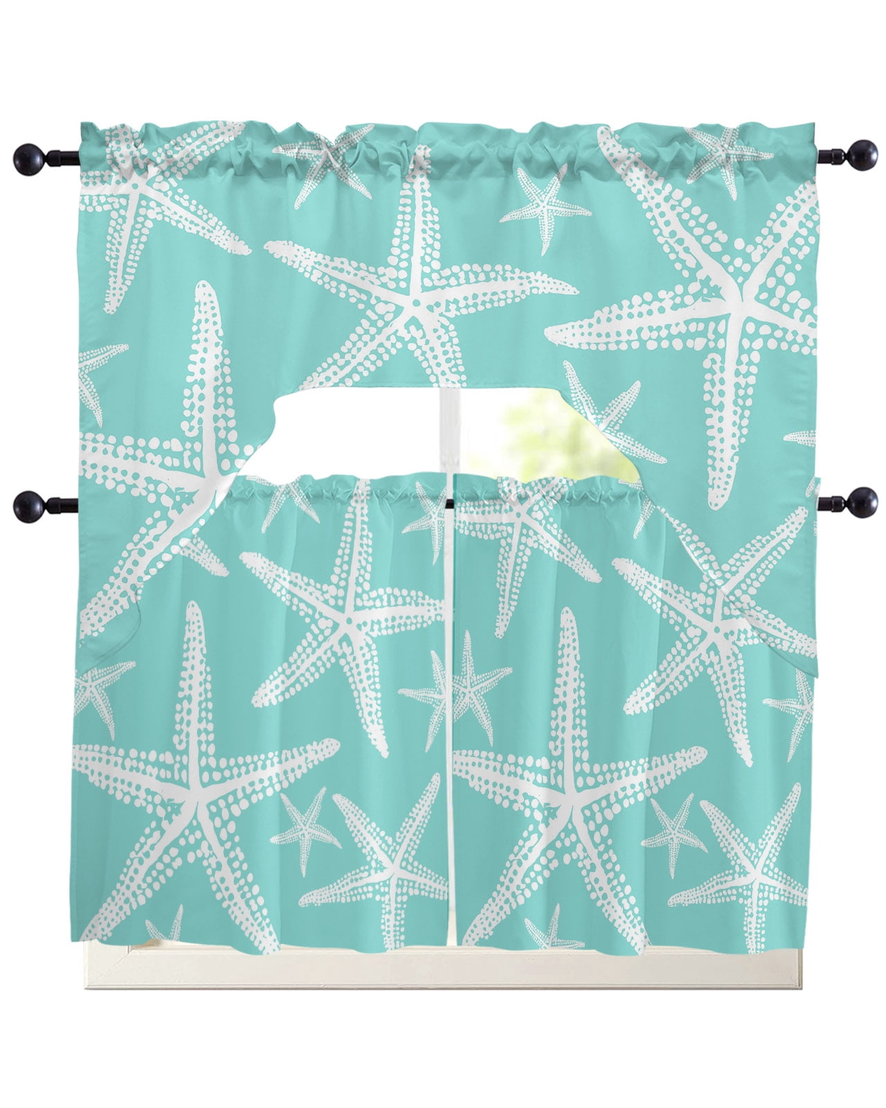 Aqua Starfish Kitchen Curtains Set for Windows 3 Piece Cafe Curtains 36 ...
