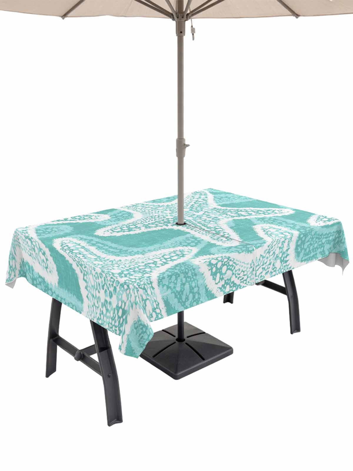 Aqua Starfish Rectangle Outdoor Tablecloth with Umbrella Hole Coastal ...