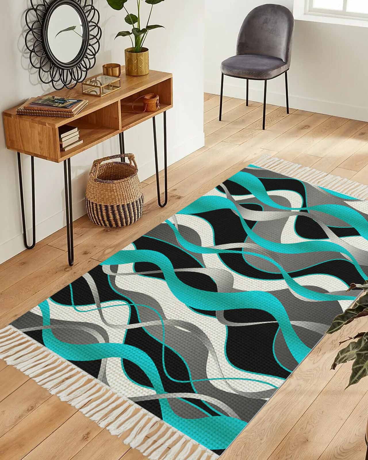 Aqua Stripe Area Rug 3x5ft Woven Runner Rug,Ombre Grey Moire Geometric ...