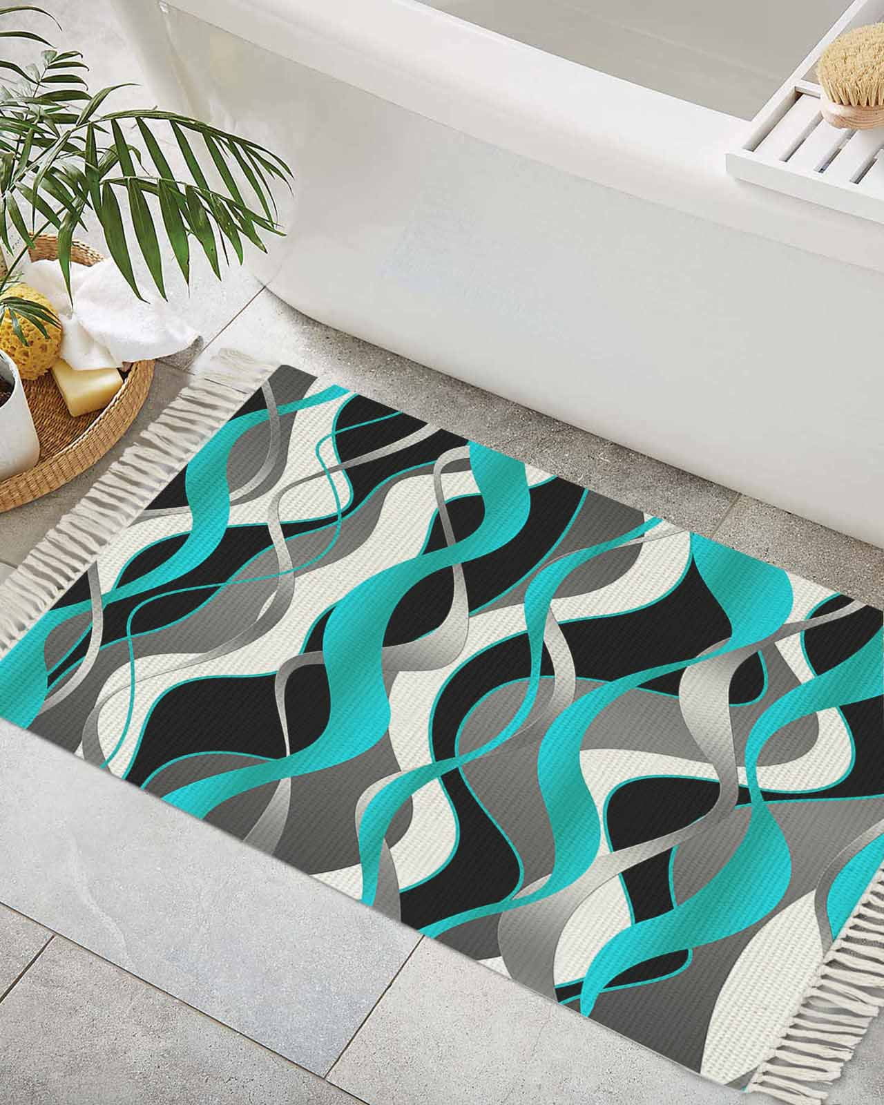 Aqua Stripe Bath Rug 2x3ft Woven Bathroom Entryway Runner Rug,Ombre ...