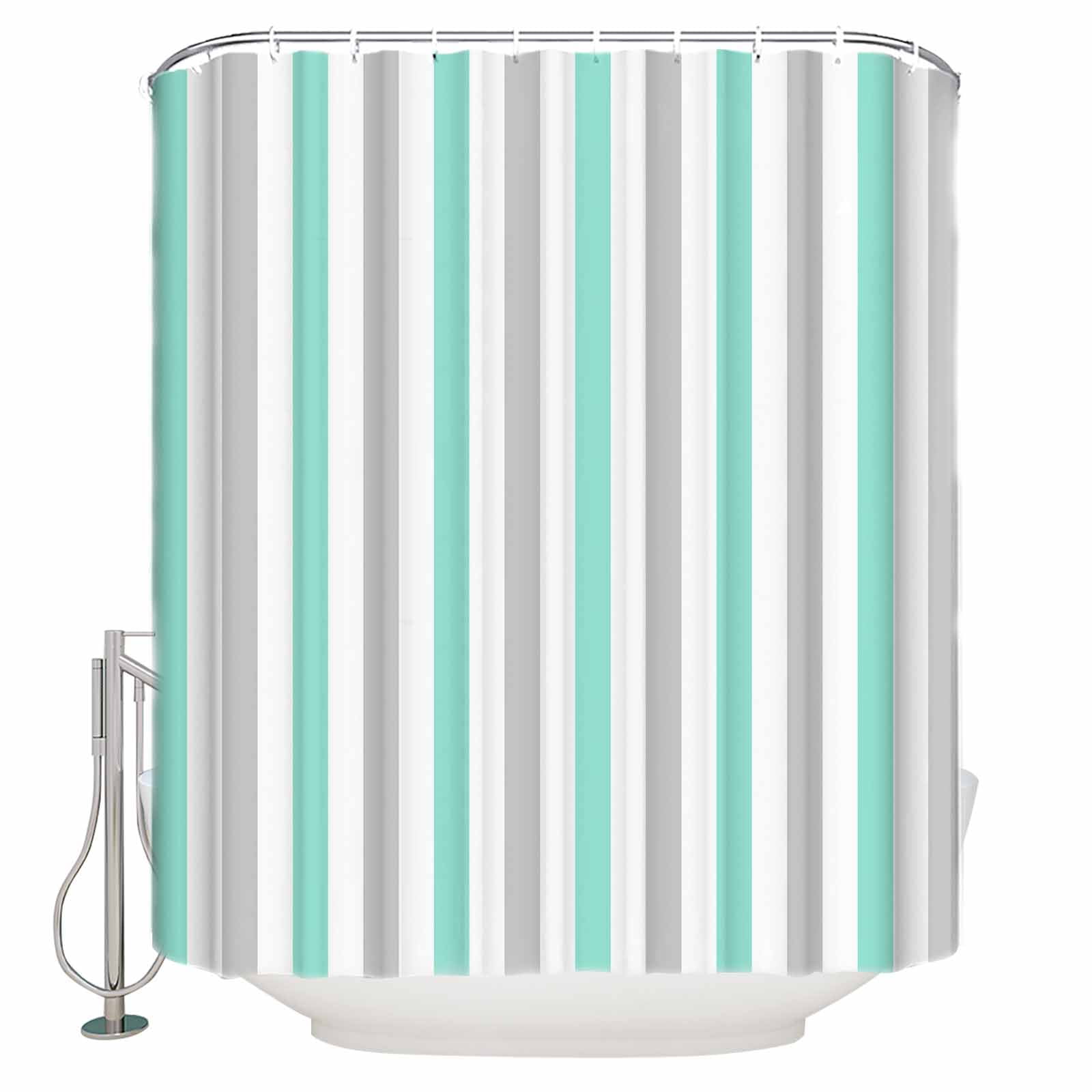 Aqua Stripe Bathroom Shower Curtains with 12 Hooks Polyester Waterproof ...
