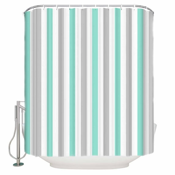 Aqua Stripe Bathroom Shower Curtains with 12 Hooks Polyester Waterproof ...