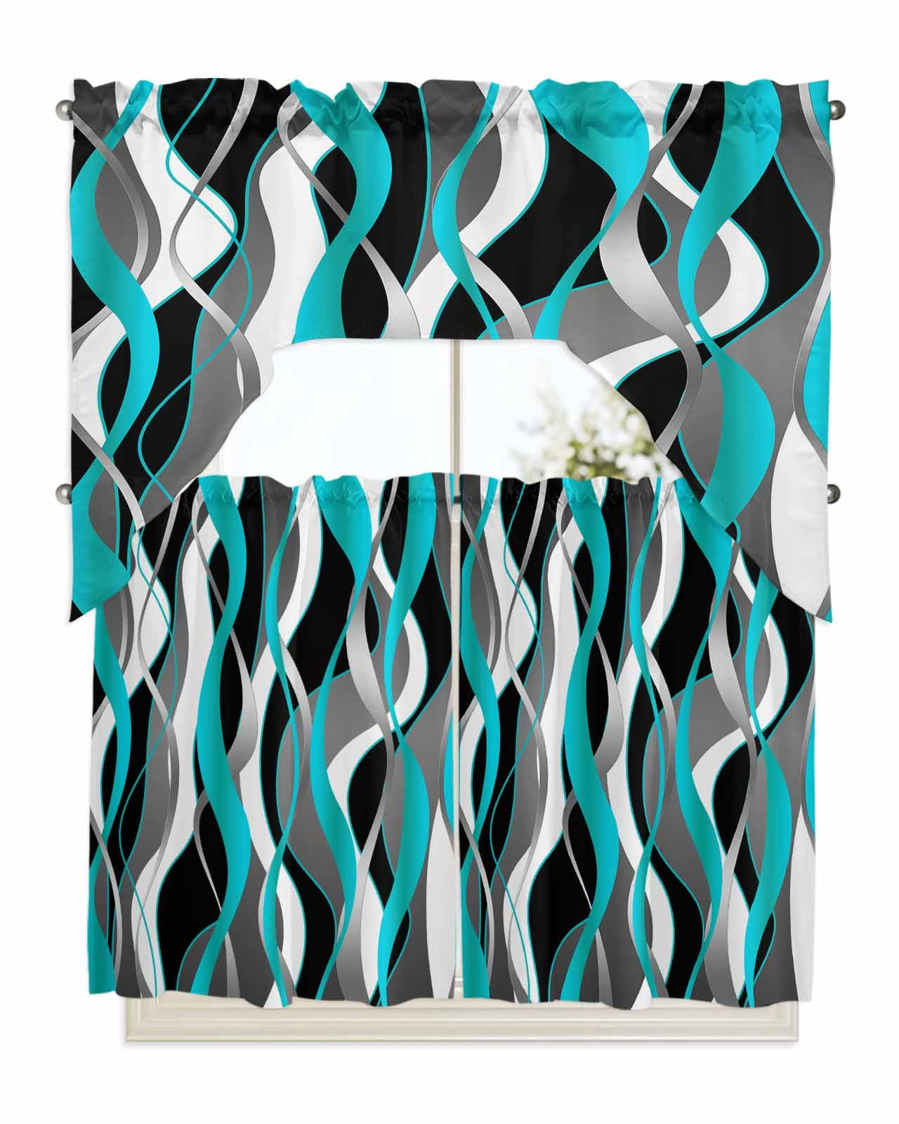 Aqua Stripe Kitchen Curtain and Valance Set 3 Pieces,Rod Pocket Short Tier Curtains 36 Inch ...