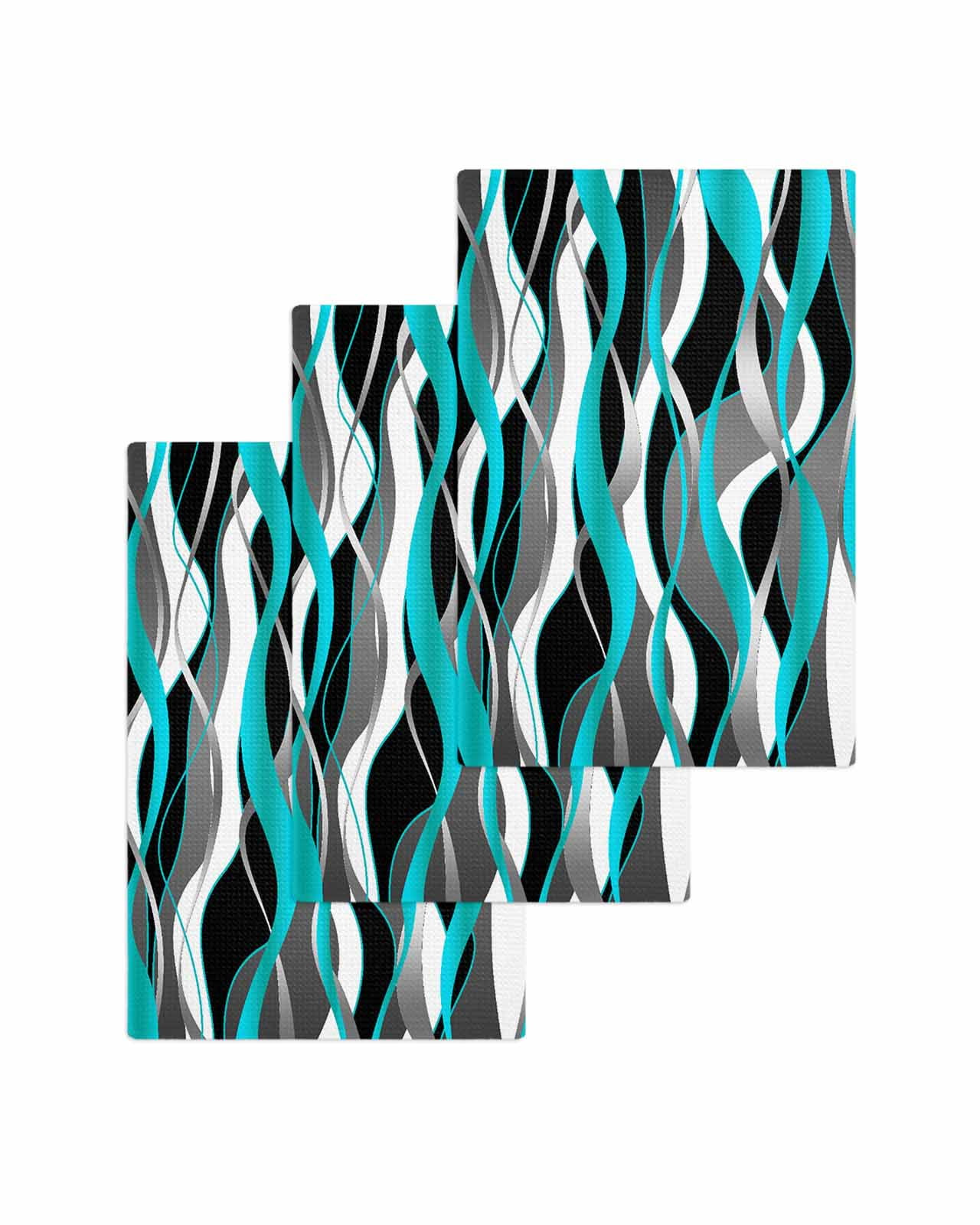 Aqua Stripe Kitchen Dish Towels for Drying Dishes Set of 3, Ombre Grey Moire Geometric Modern ...