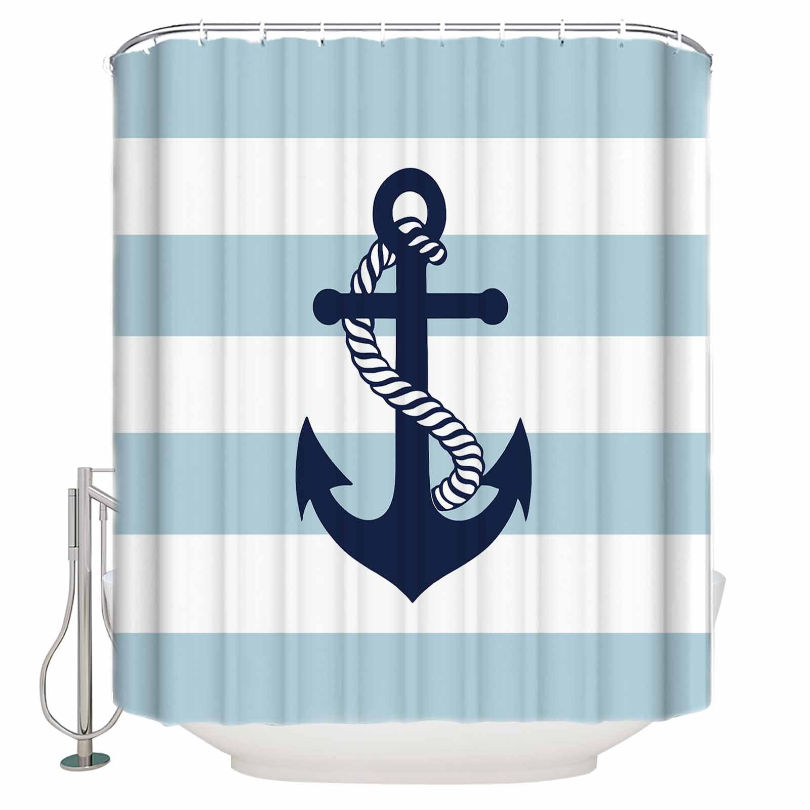 Aqua Stripe Nautical Bathroom Shower Curtains with 12 Hooks Polyester ...
