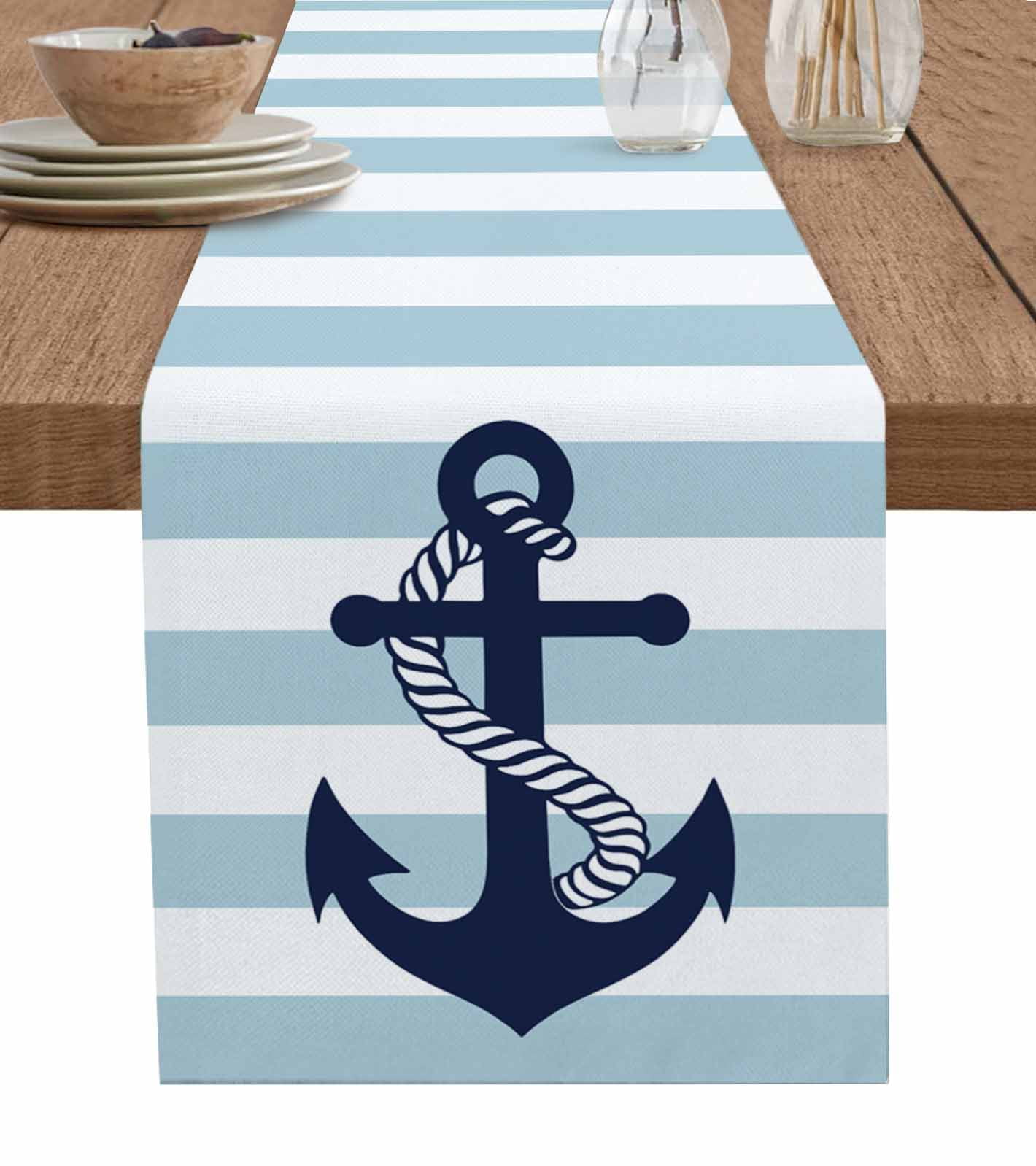 Aqua Stripe Nautical Burlap Cotton Table Runner 18x72 Inches Long, Navy ...