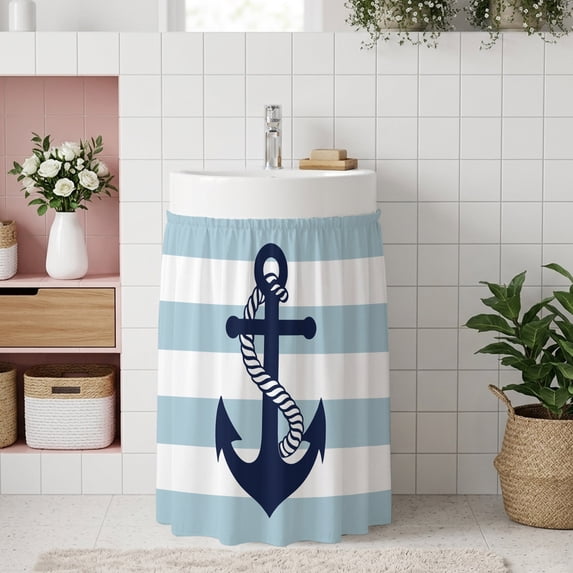 Aqua Stripe Nautical Small Cabinet Curtain 11''x13'', Navy Blue Anchor ...