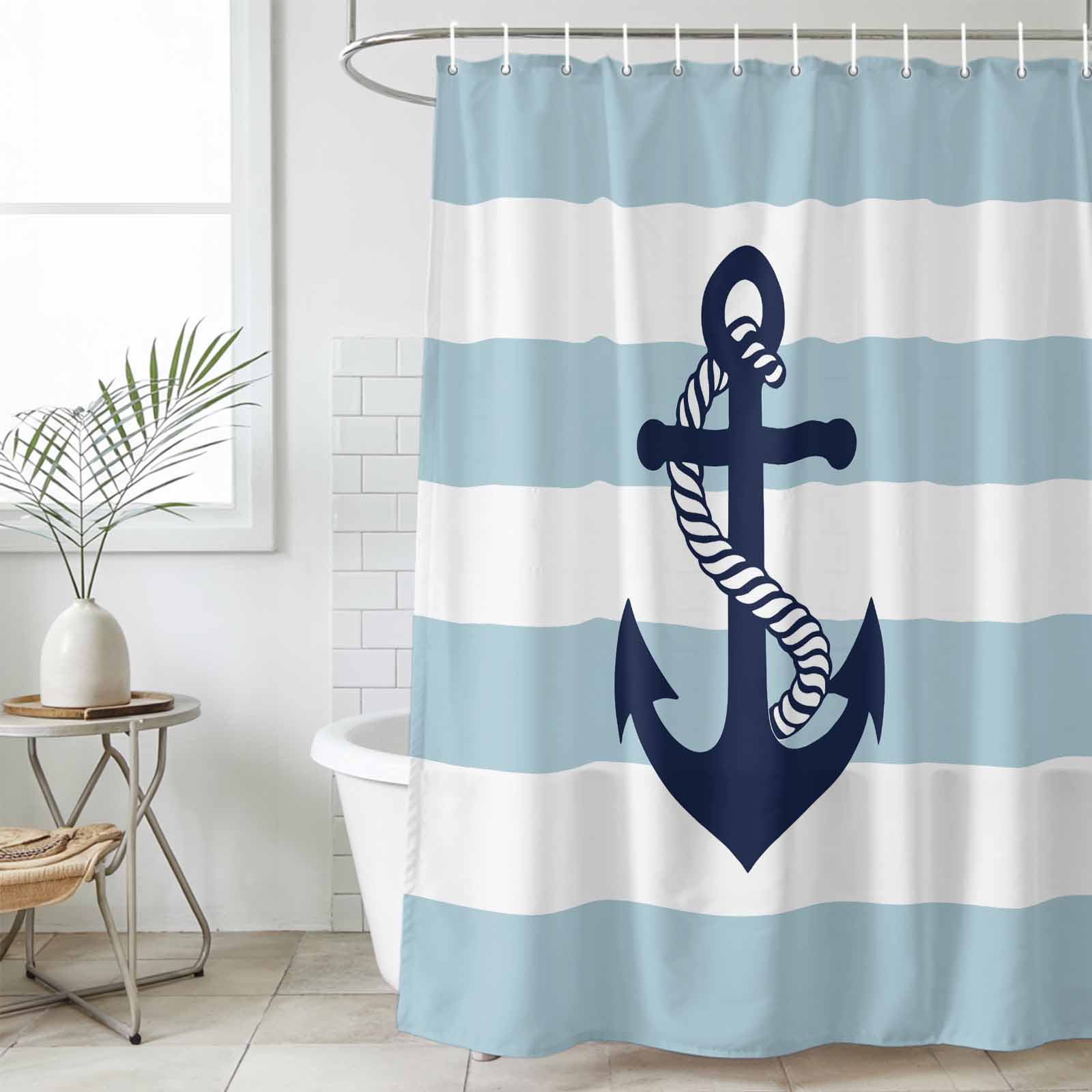 Aqua Stripe Nautical Waterproof Fabric Shower Curtain,Navy Blue Anchor ...