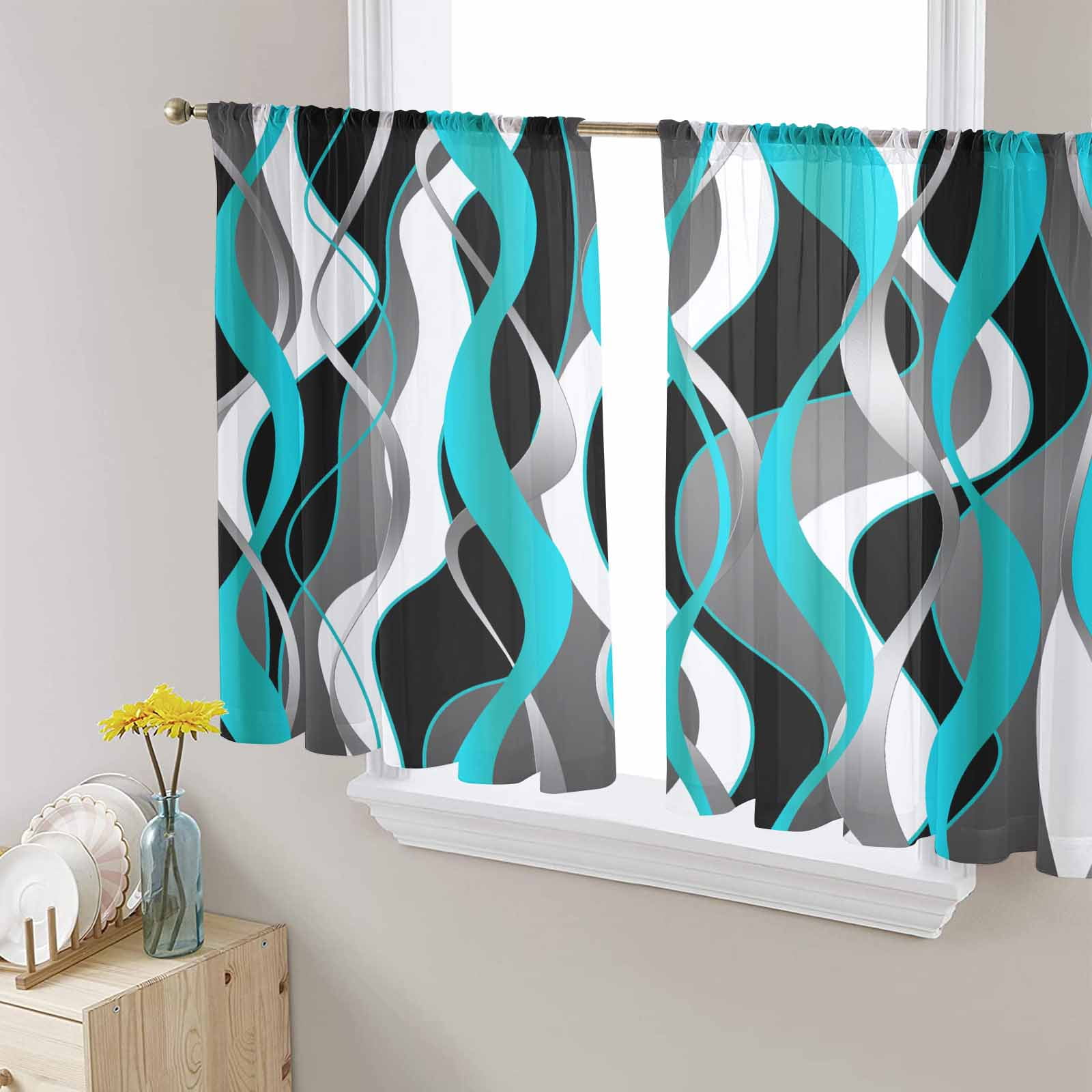 Aqua Stripe Semi Sheer Curtains 54 Inch Length 2 Panels Set, Ombre Grey Moire Geometric Modern ...