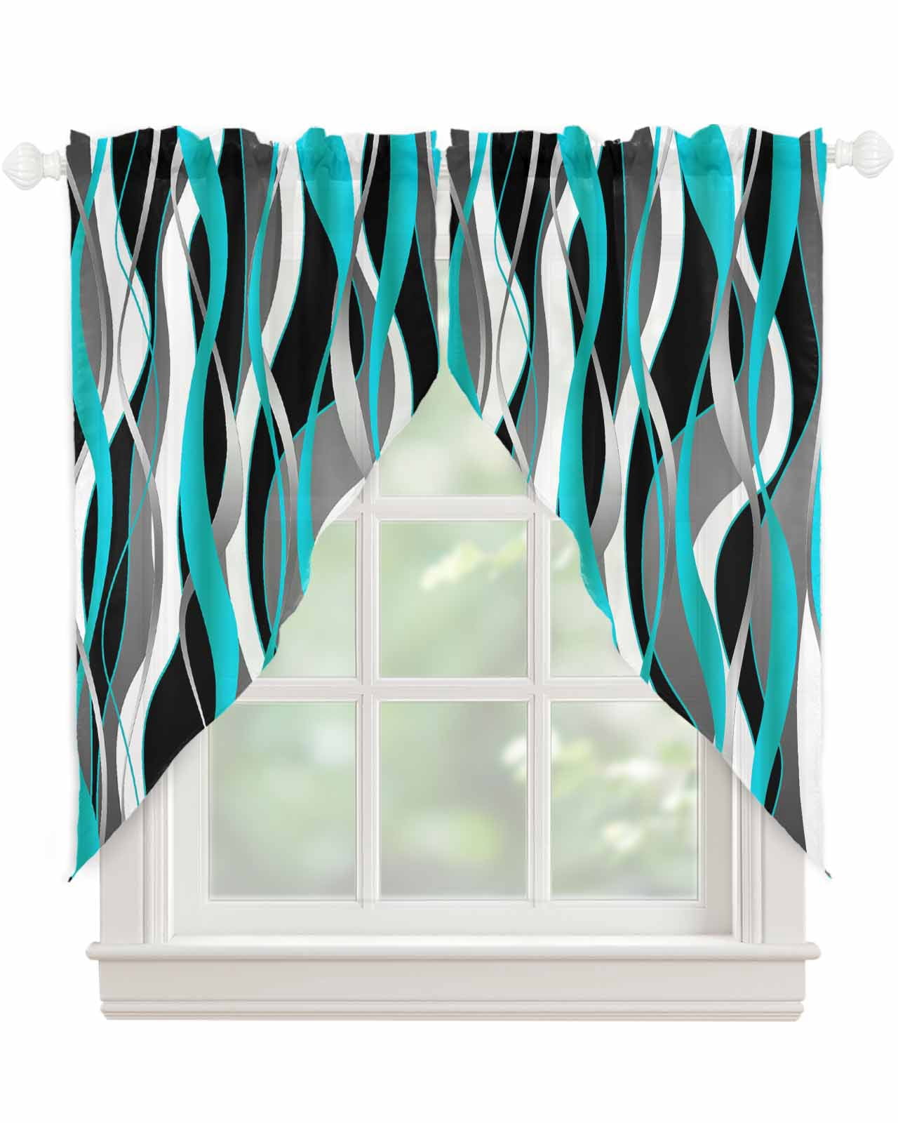 Aqua Stripe Swag Valances for Windows, Ombre Grey Moire Geometric ...