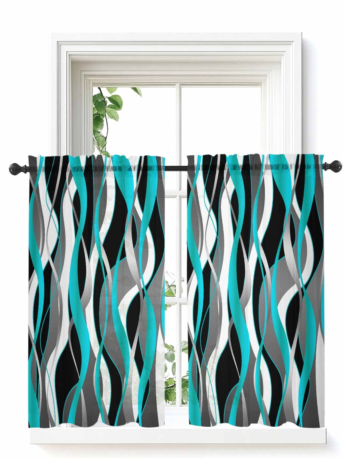 Aqua Stripe Tier Curtains 45 Inch Length,Sheer Curtains for Bedroom ...