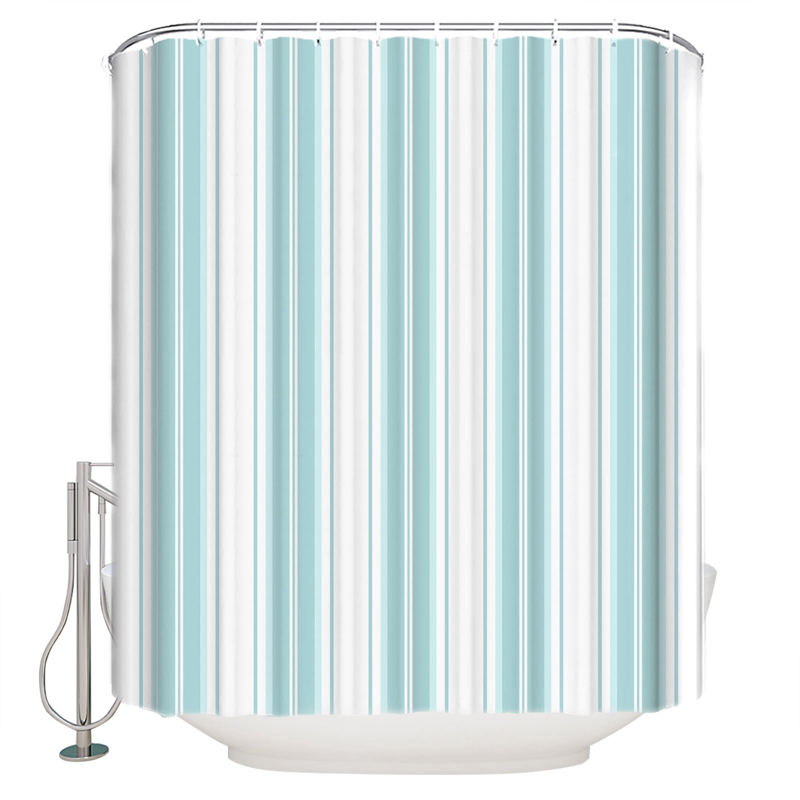 Aqua Striped Bathroom Shower Curtains with 12 Hooks Polyester ...