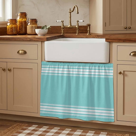Aqua Striped Cabinet Curtains 28"W x 35"L, Luxurious White Stripes ...