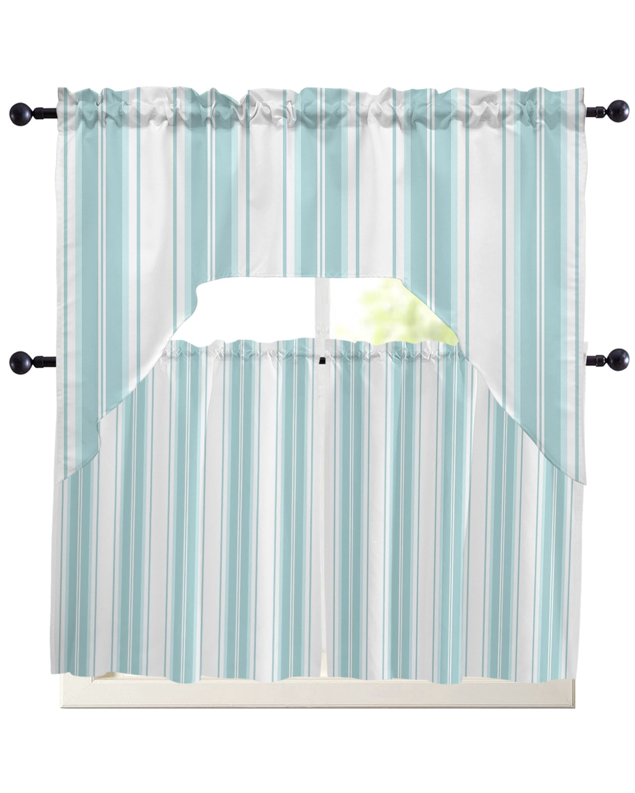 Aqua Striped Kitchen Curtains Set for Windows 3 Piece Cafe Curtains 24 ...