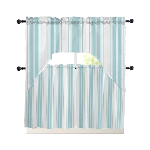 Aqua Striped Kitchen Curtains Set for Windows 3 Piece Cafe Curtains 24 ...