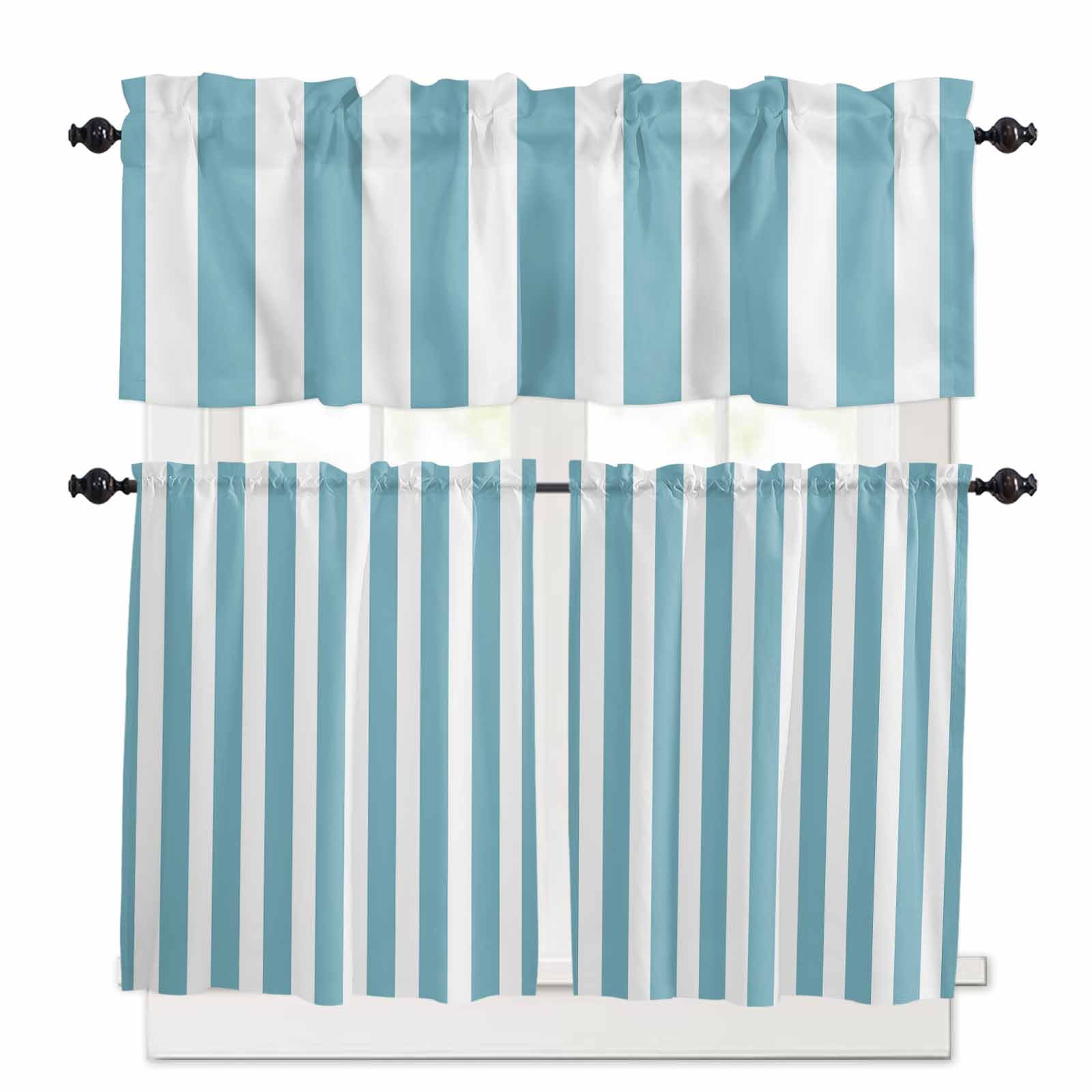 Aqua Striped Kitchen Curtains and Valances Set, 3 Piece Kitchen ...