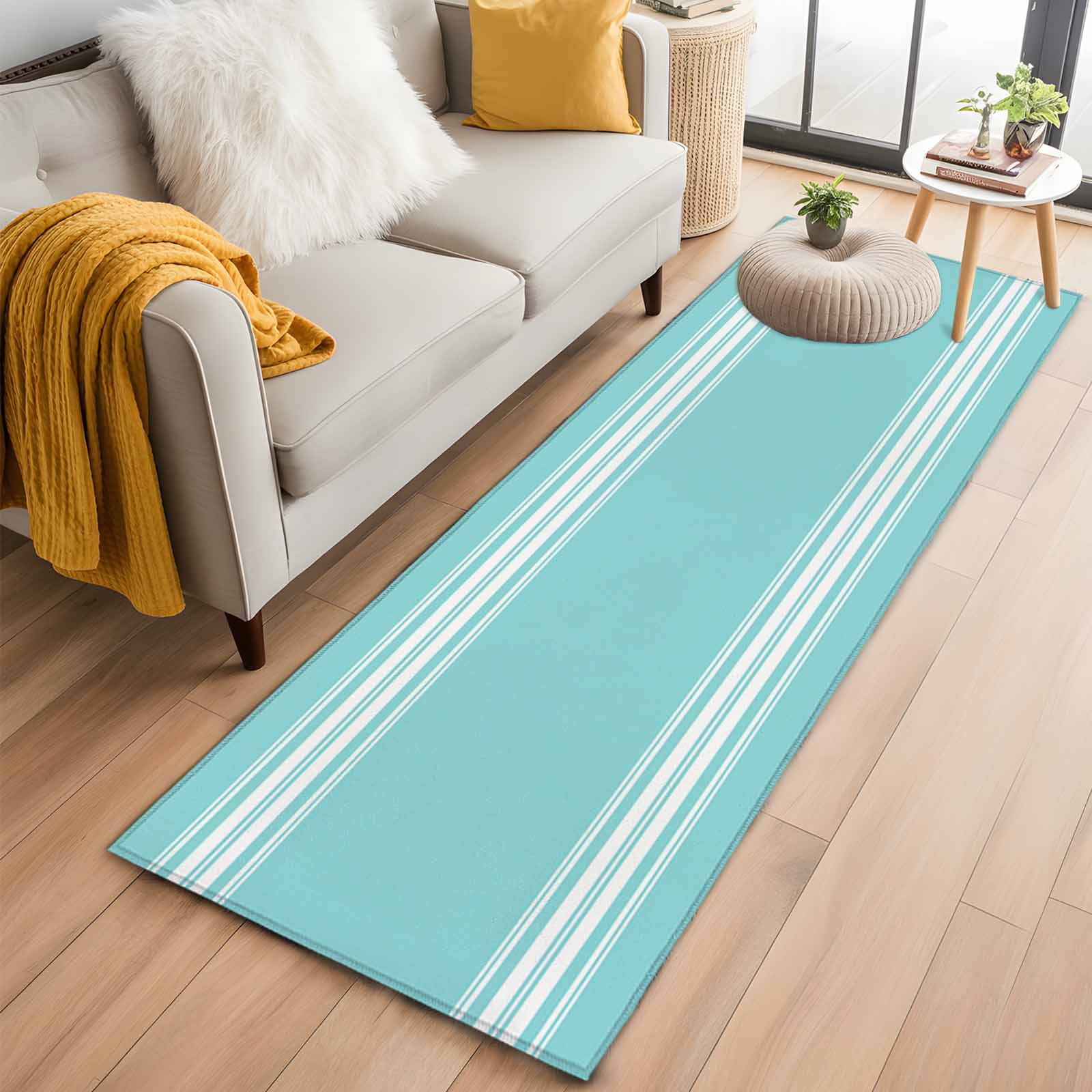 Aqua Striped Runner Rug 2x6 FT,Non Slip Hallway Rugs,Luxurious White ...