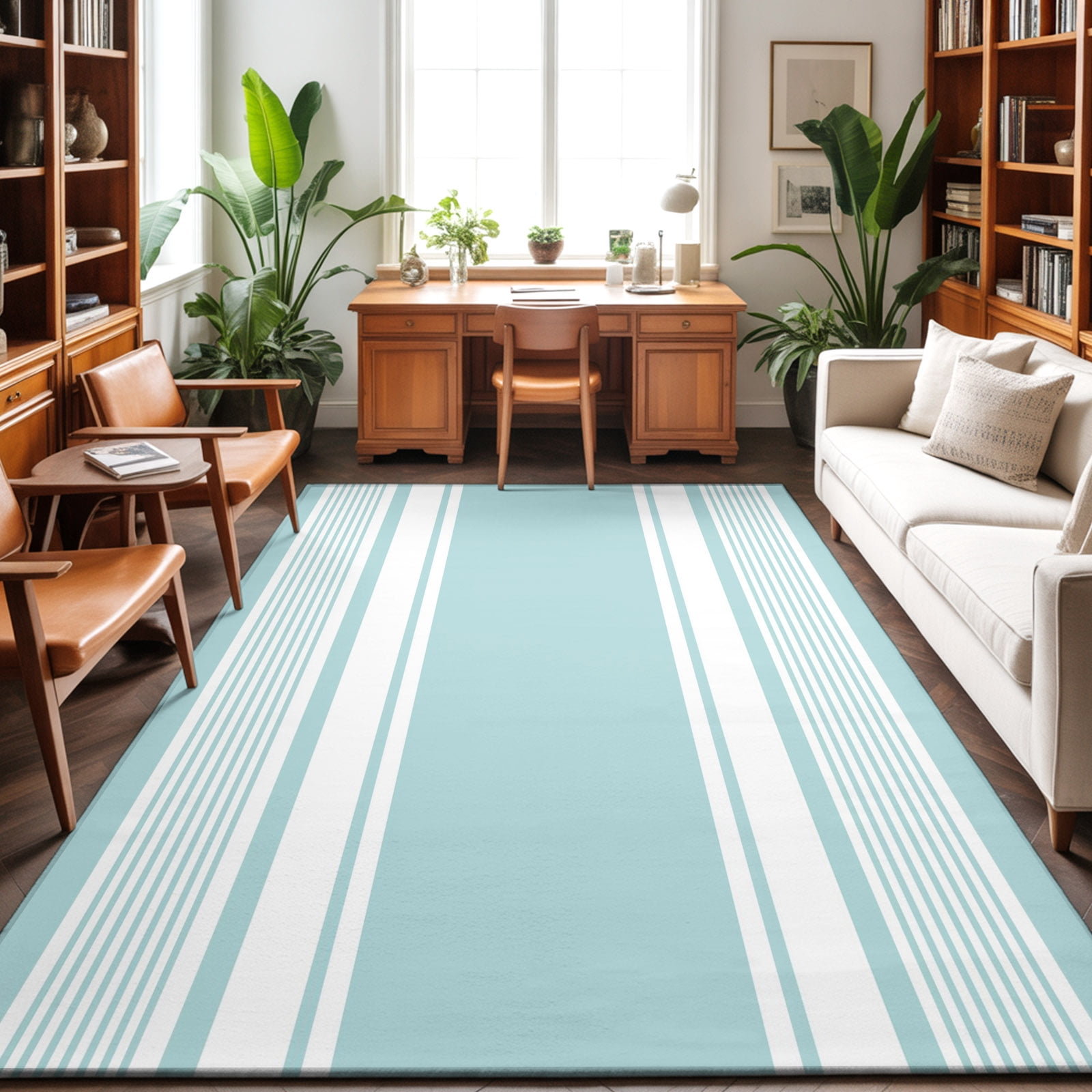 Aqua Striped Washable Area Rug 5 x 8 ft Modern Farmhouse Stripe ...