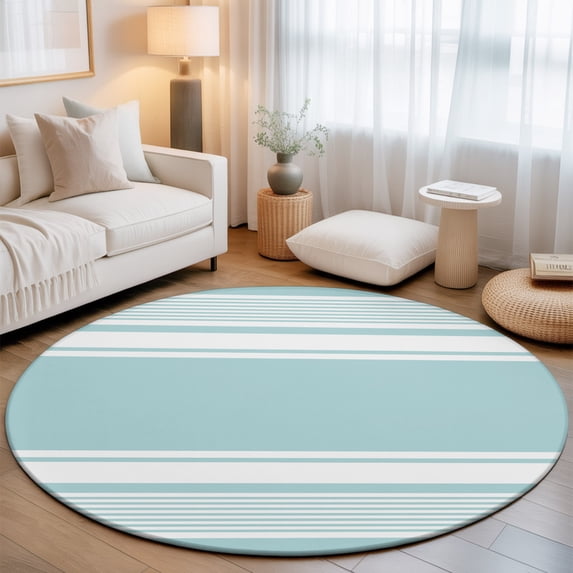 Aqua Striped Washable Round Area Rug 5 ft, Modern Farmhouse Stripe ...