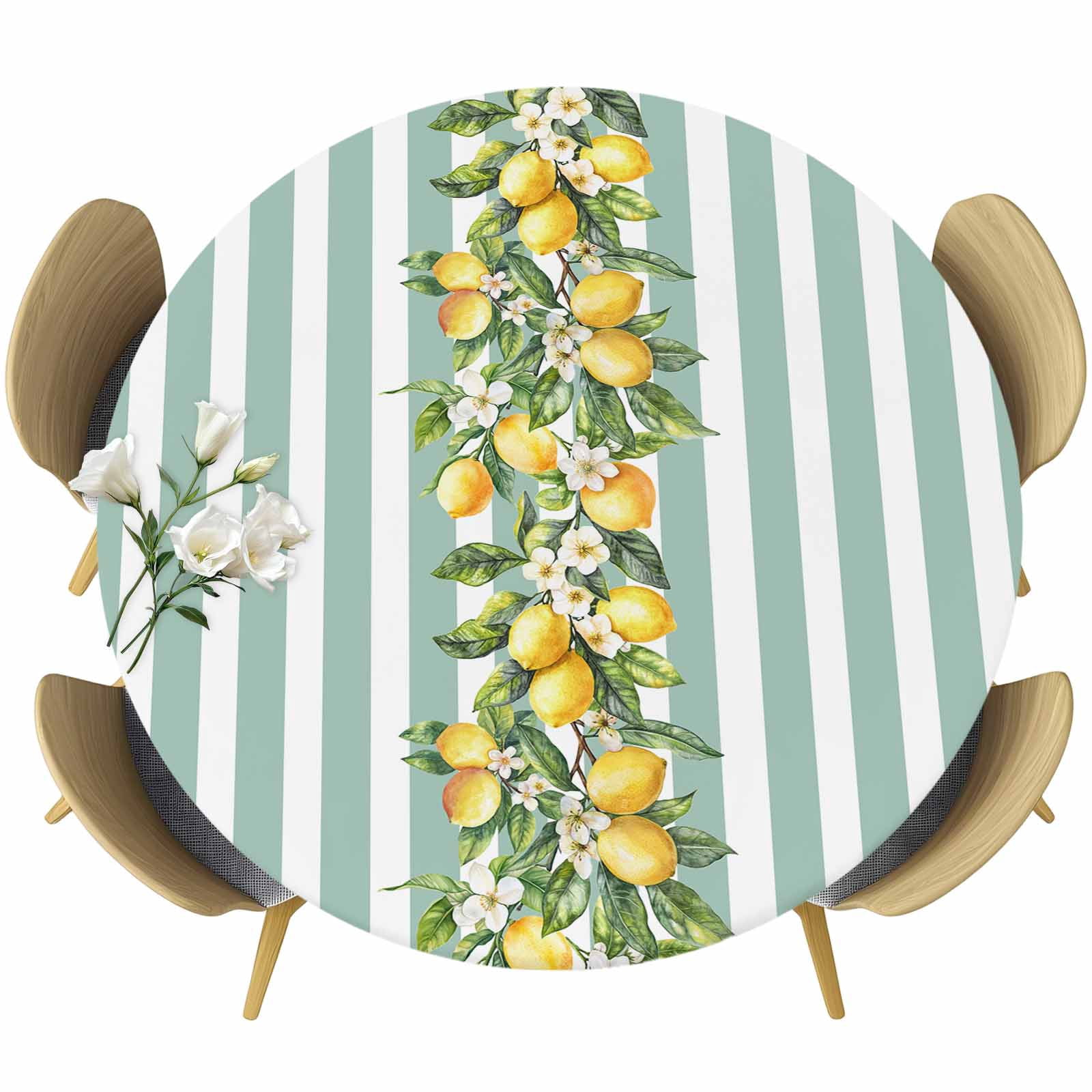 Aqua Stripes Lemon Round Tablecloth 36-44 Inch Round Fitted Table Cloth ...