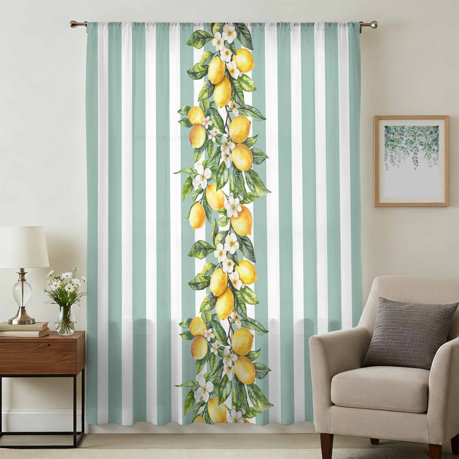 Aqua Stripes Lemon Sheer Curtains 45 Inches Long, Spring Botanical ...