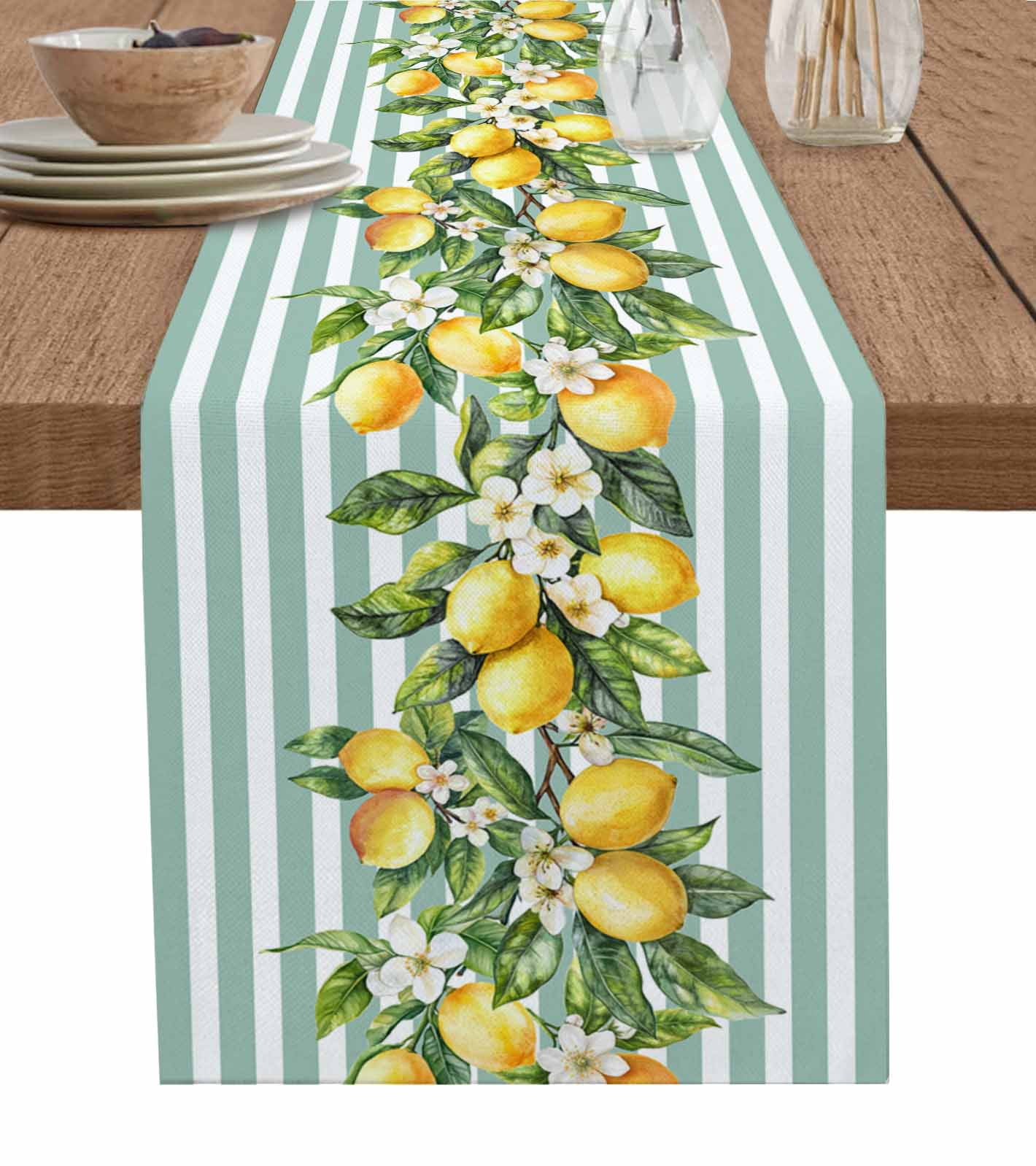 Aqua Stripes Lemon Table Runner 108 Inches, Spring Botanical Plant ...