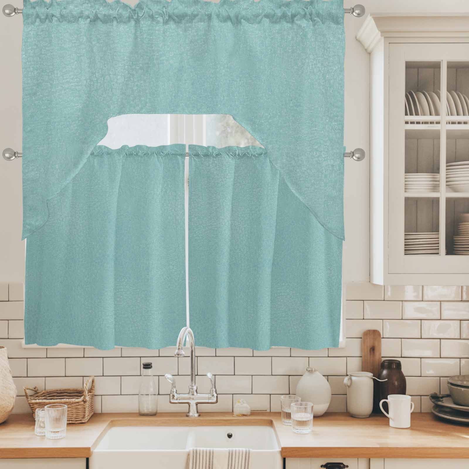 Aqua Swag Curtains Valance and Tier Set, Natural Solid Color Organic ...