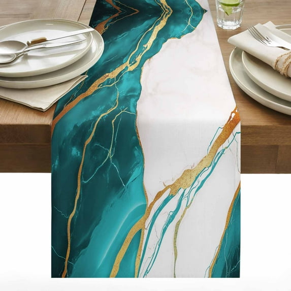 Aqua Table Runner 13x72 inch Marble Texture Cotton Linen Dining Table ...