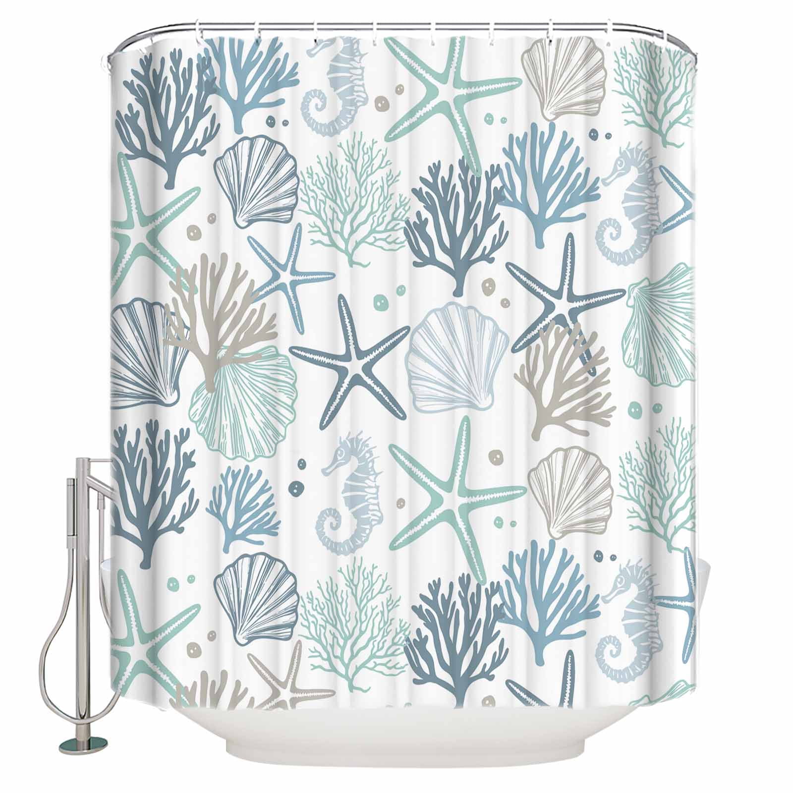Aqua Teal Coastal Bathroom Shower Curtains with 12 Hooks Polyester ...