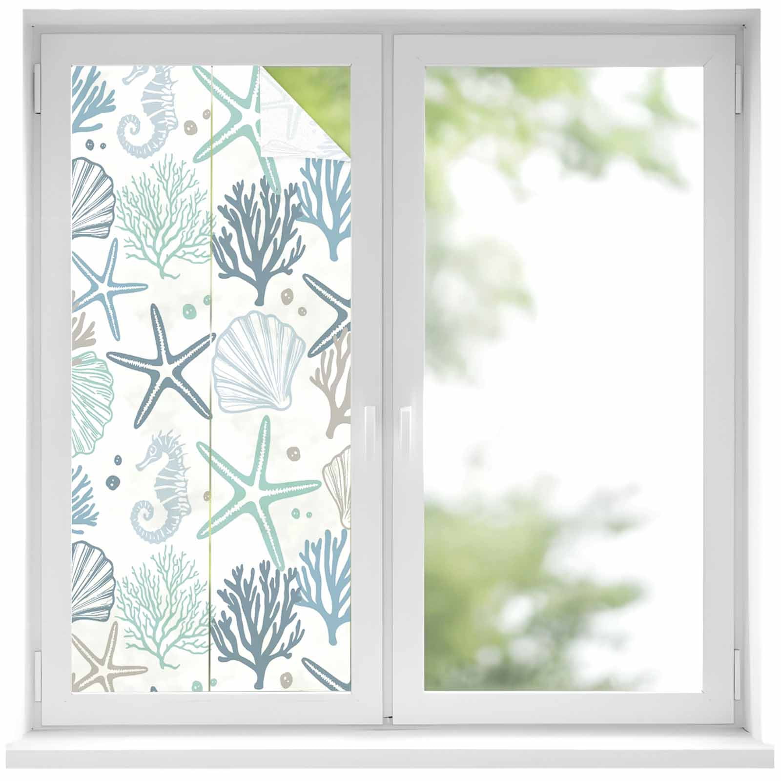 Aqua Teal Coastal Privacy Window Film, Decorative Frosted Glass Window ...