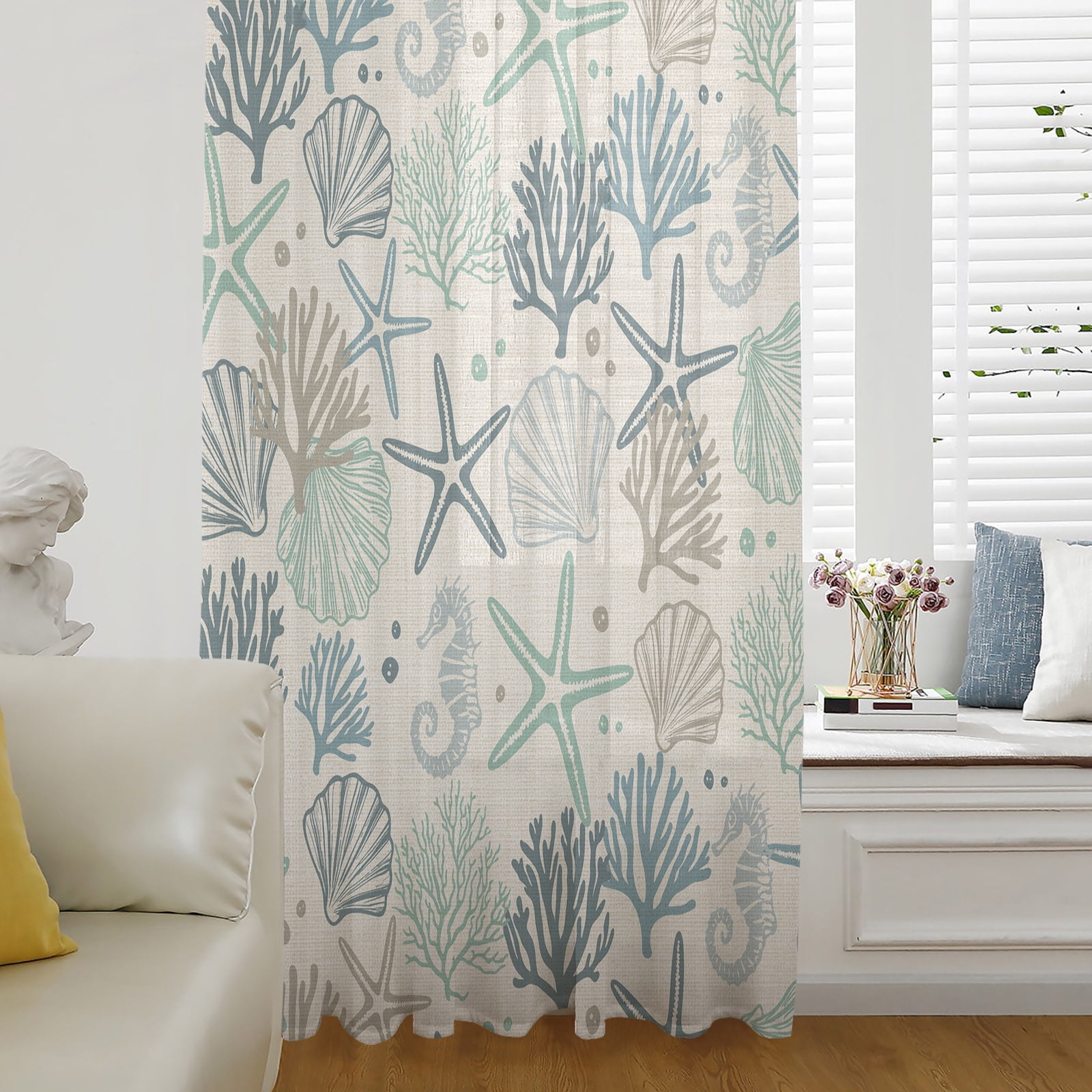 Aqua Teal Coastal Sheer Curtains 54 Inch Length, Light Filtering Voile ...