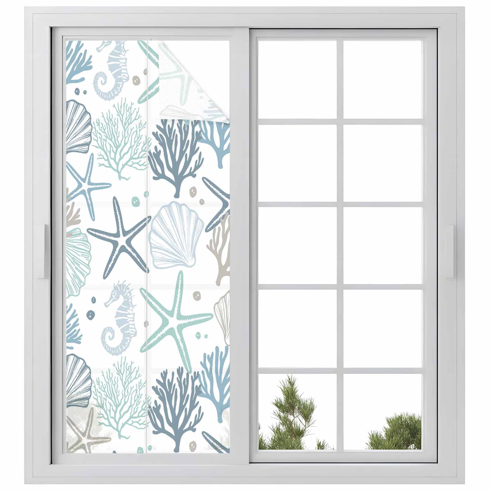 Aqua Teal Coastal Window Privacy Film, Summer Beach Starfish Coral ...