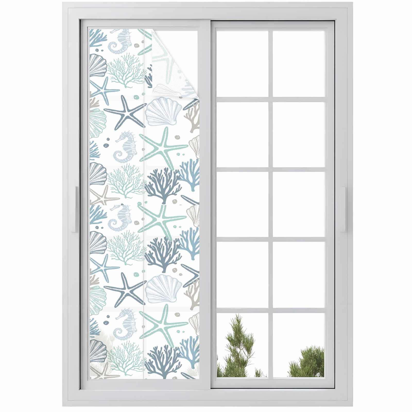 Aqua Teal Coastal Window Privacy Film, Summer Beach Starfish Coral ...