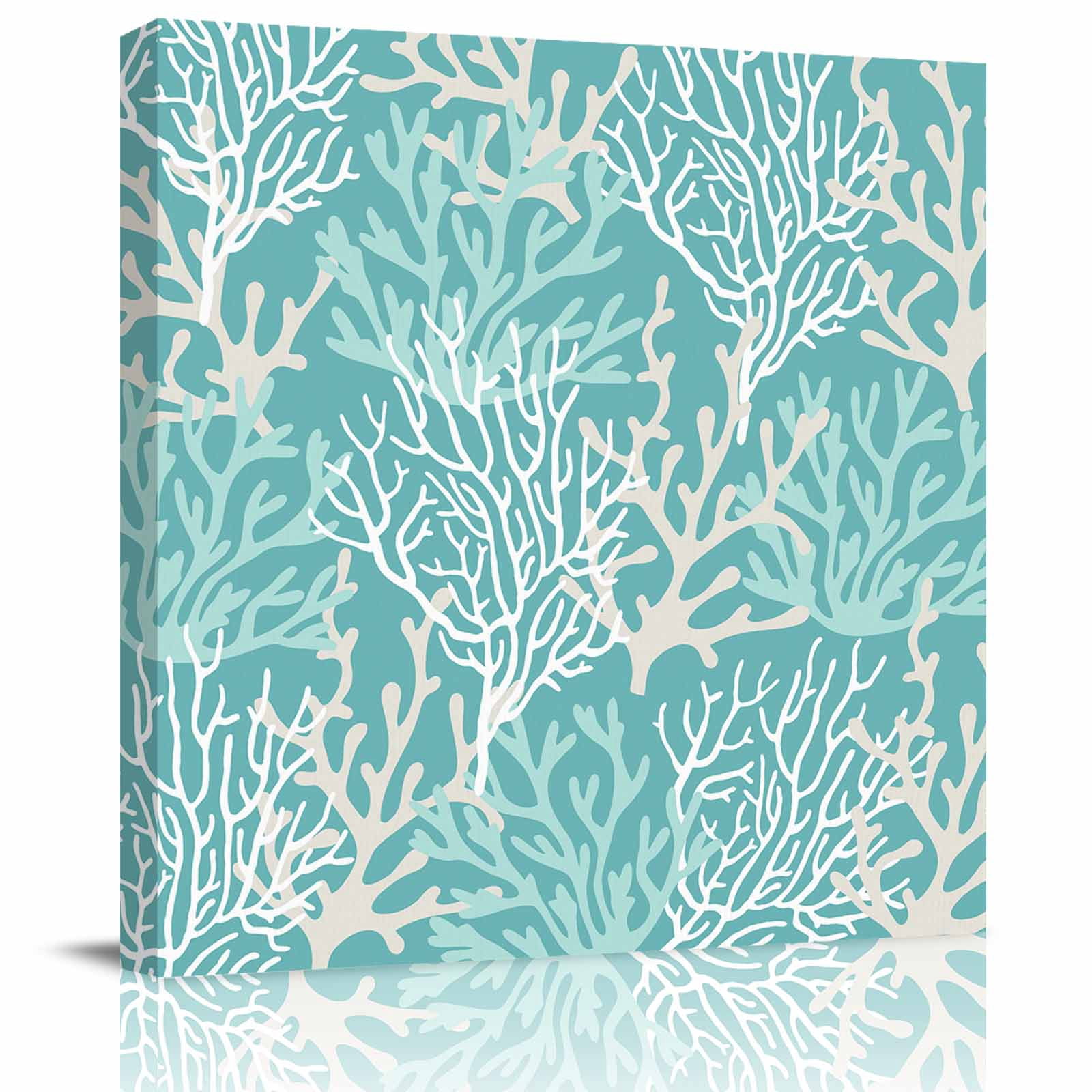 Aqua Teal Coral Coastal Canvas Print Wall Art Painting, Modern Wall ...