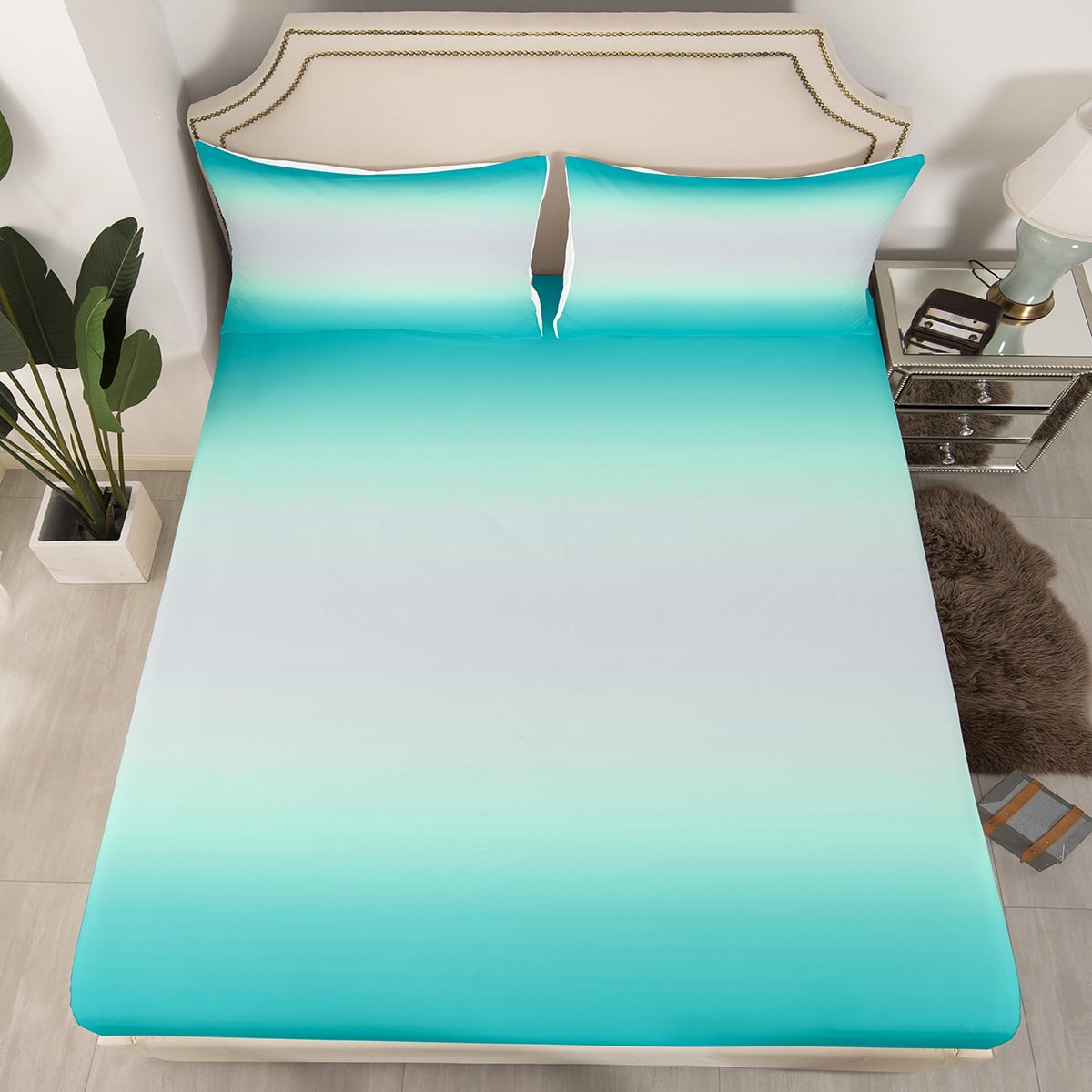 Aqua Teal and Greyish Gradient Fitted Sheet Modern Colorful Bedding Set ...