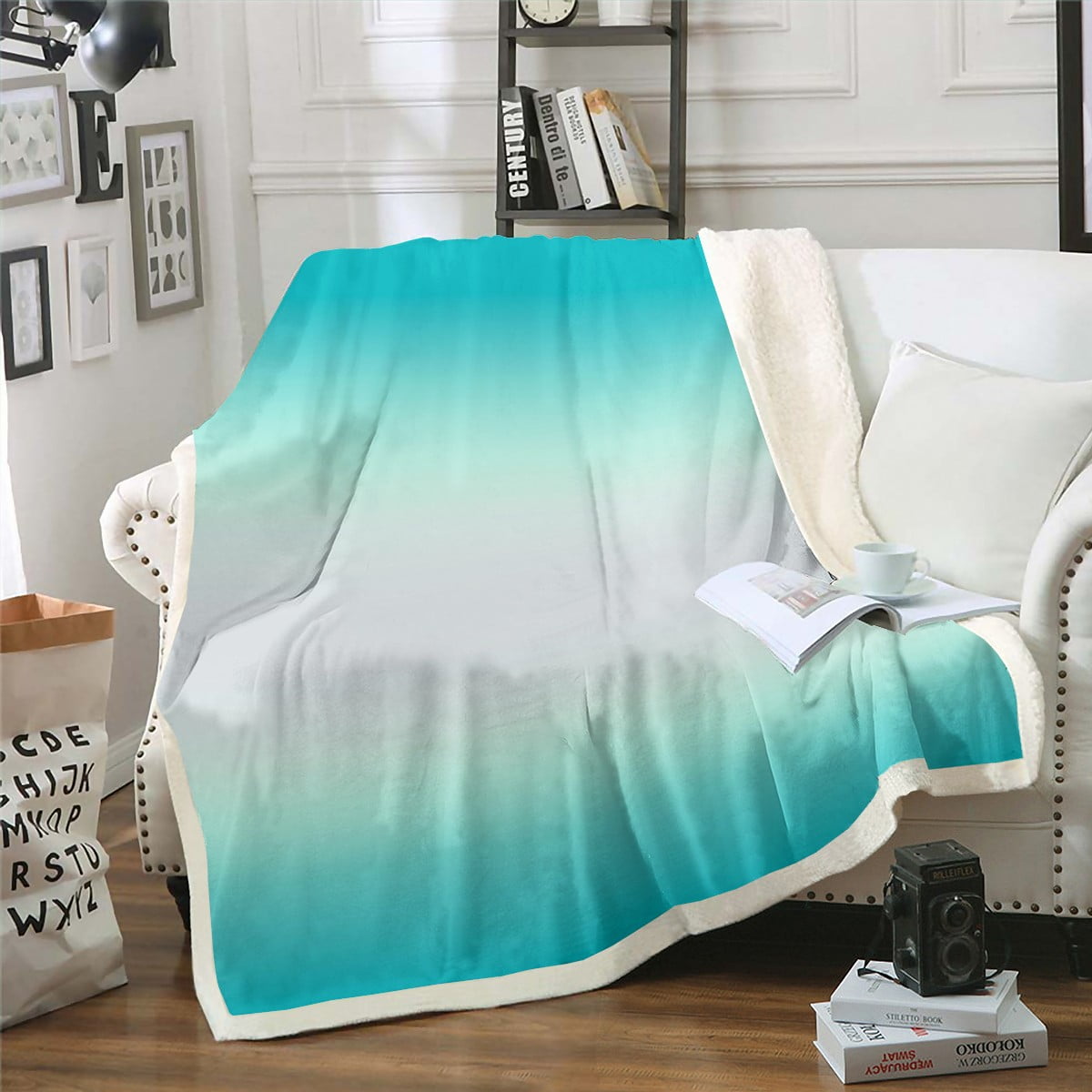 Aqua Teal and Greyish Gradient Fuzzy Blanket Modern Colorful Throw ...