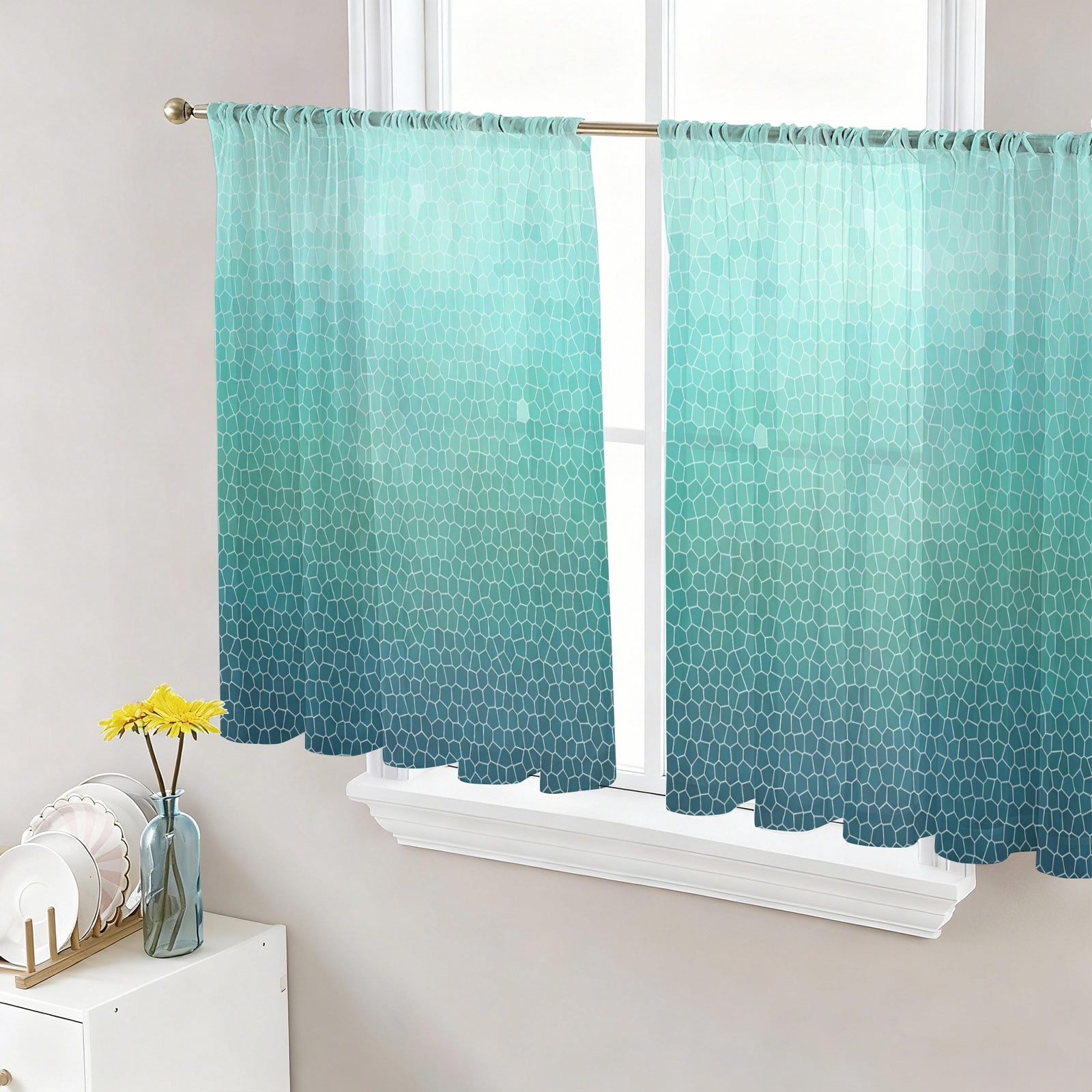 Aqua Teal Mosaic Sheer Curtains for Living Room Bedroom, Minimalist ...