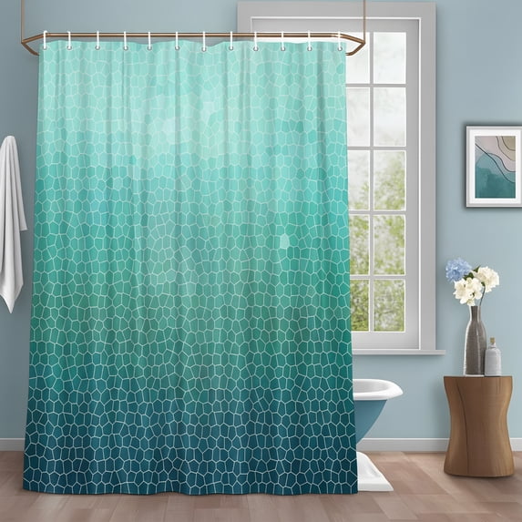 Aqua Teal Mosaic Shower Curtain Set with Hooks, Minimalist Abstract ...