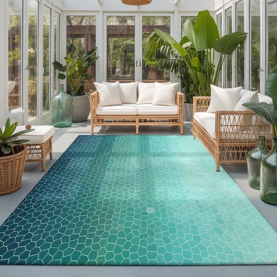 Aqua Teal Mosaic Washable Area Rugs 2.7'x5', Minimalist Abstract ...