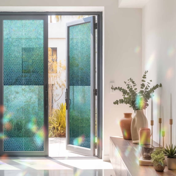 Aqua Teal Mosaic Window Privacy Film Minimalist Abstract Hexagonal Grid ...