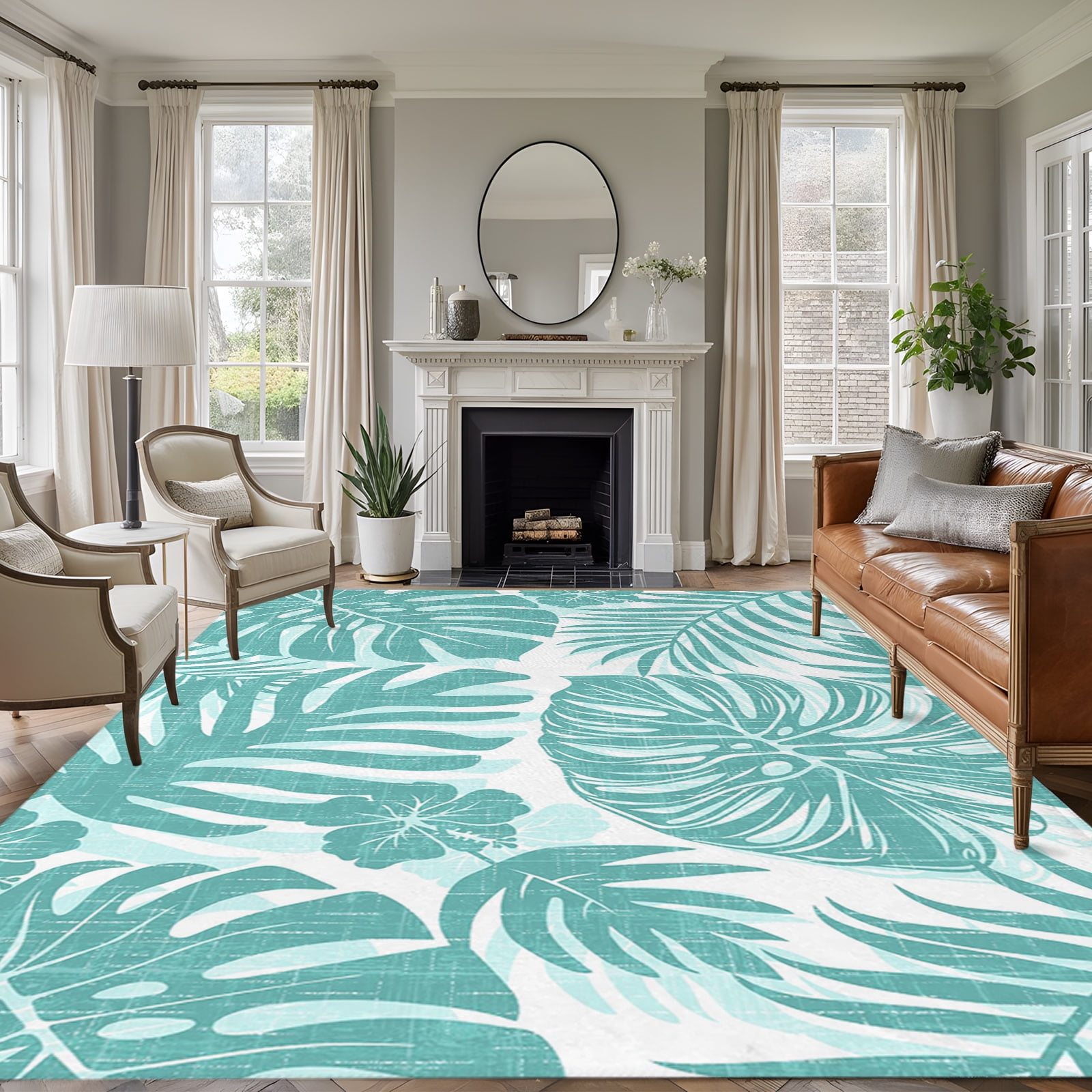 Aqua Teal Palm Leaves 5'x8' Rug for Bedroom Under Queen Bed Placement ...