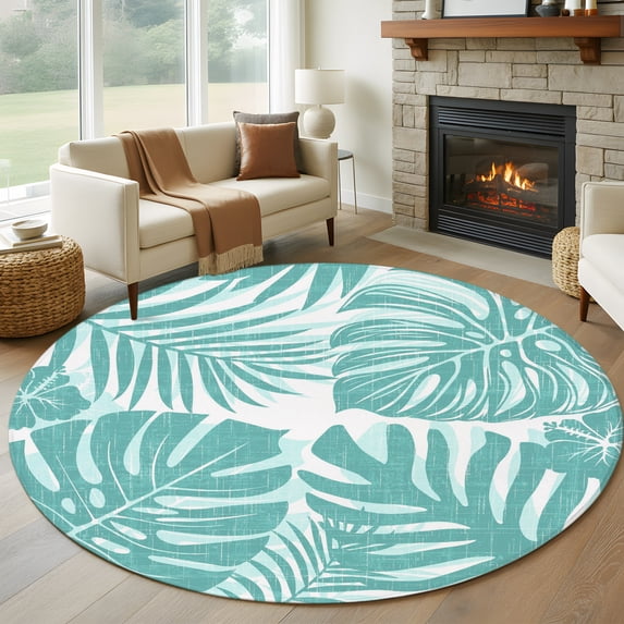 Aqua Teal Palm Leaves 5FT Round Area Rugs for Living Room Tropical ...