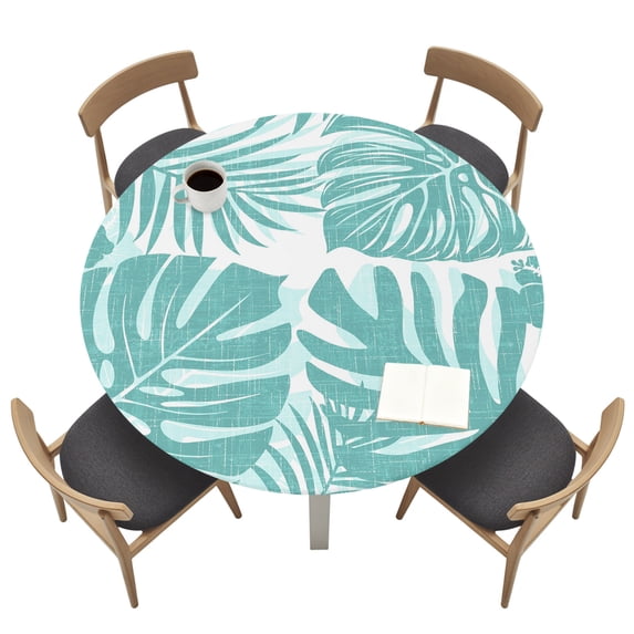 Aqua Teal Palm Leaves Round Fitted Table Cover Tropical Botanical ...