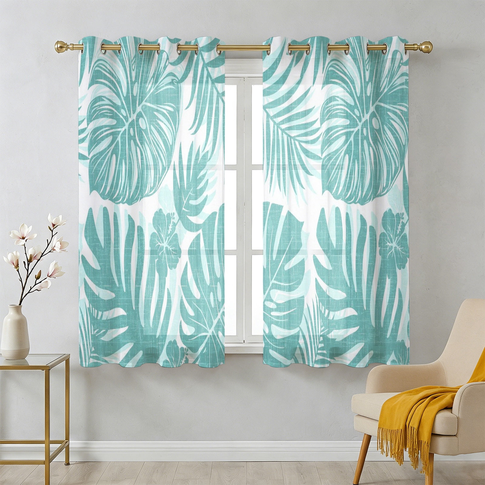 Aqua Teal Palm Leaves Sheer Curtains 45 Inch Long 2 Panels, Tropical ...