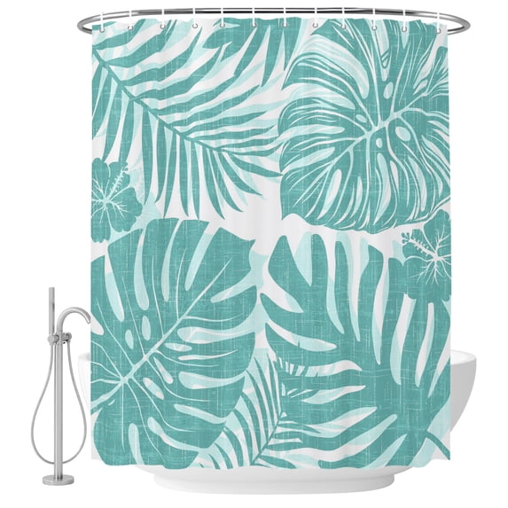 Aqua Teal Palm Leaves Shower Curtain Set with Hooks, Tropical Botanical ...