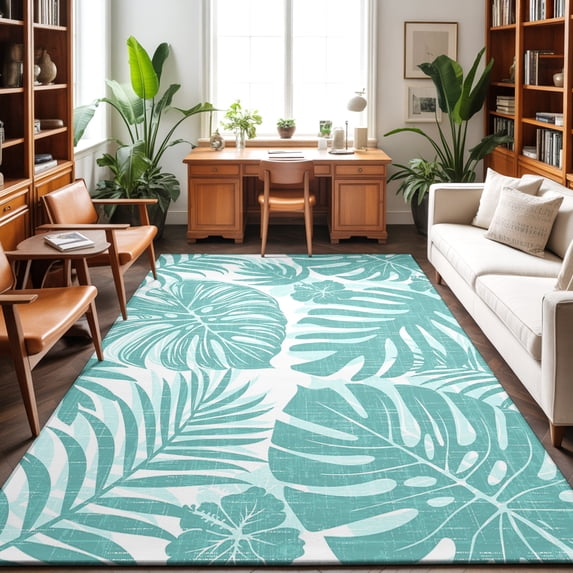 Aqua Teal Palm Leaves Washable Area Rug 4 x 6 ft Tropical Botanical ...