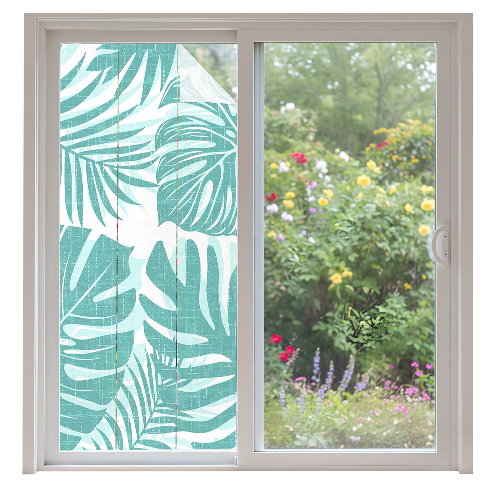 Aqua Teal Palm Leaves Window Privacy Film, Tropical Botanical ...